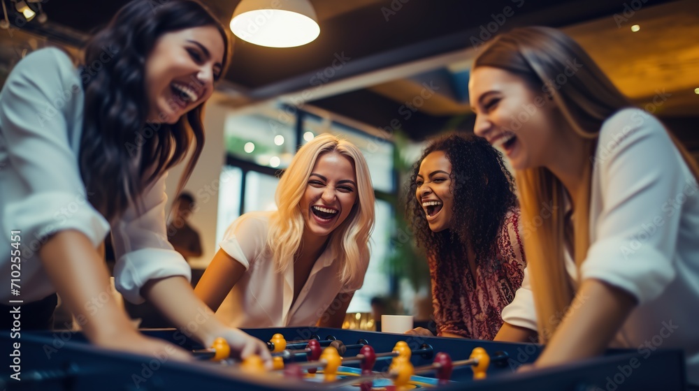 Team building, break and business women playing game in office lounge ...