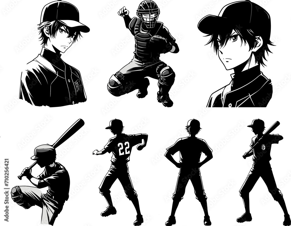 Anime baseball young boy character poses vector illustration isolated ...