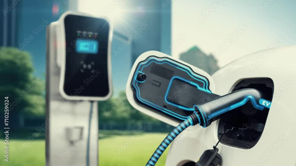 Electric car recharging battery by futuristic smart EV charger from eco ...