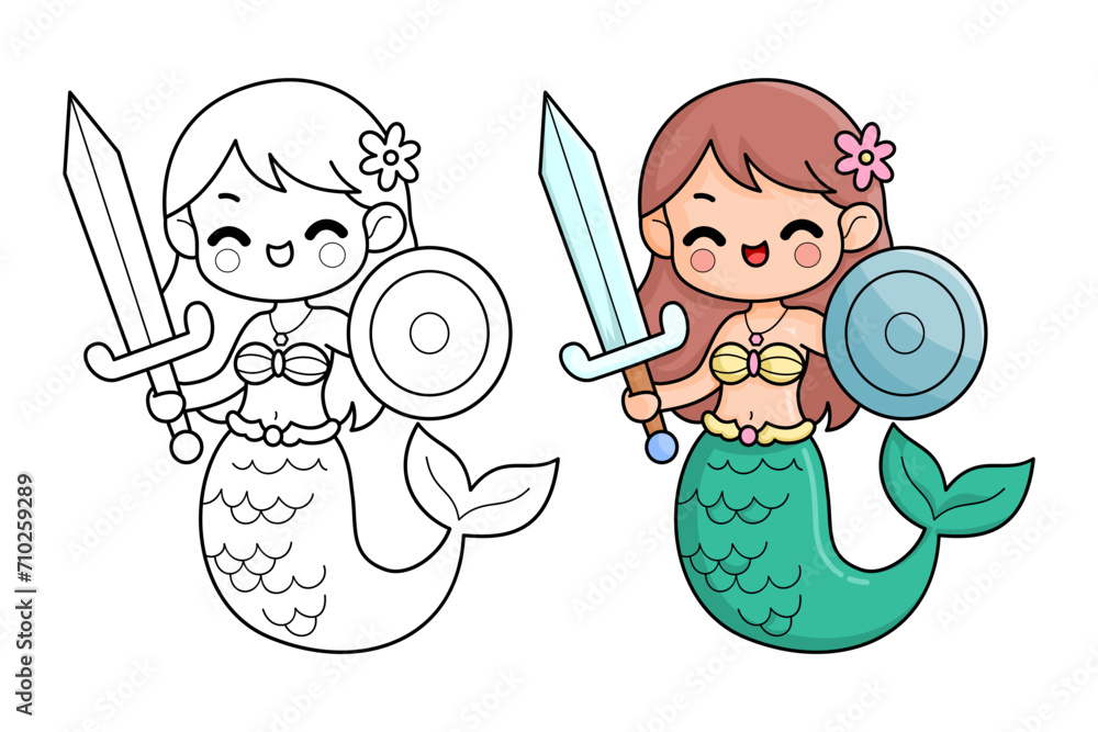 learn to color mermaids carrying swords and shields, coloring books ...