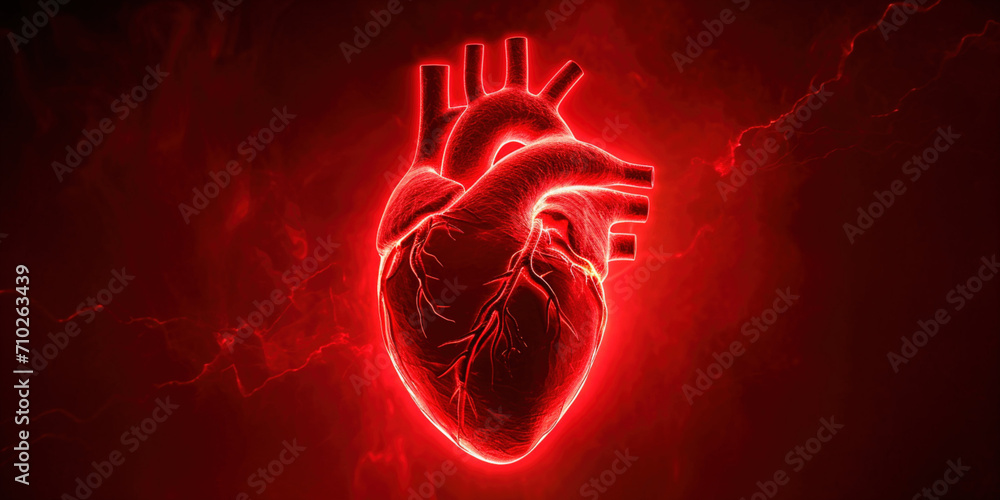 Real looking heart on bright red studio background. Heart disease ...