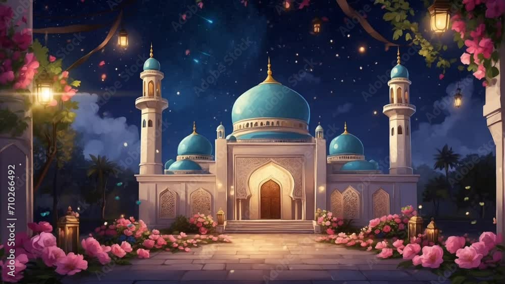 Animated mosque during ramadan with anime ilustration style. seamless ...