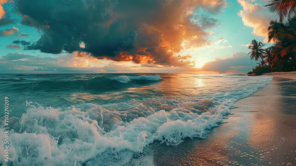 Tropical beach panorama view with foam waves before storm, seascape ...
