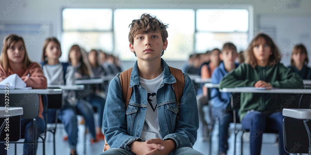 Groupmates bullying at boy in school classroom, upset and stressed male ...