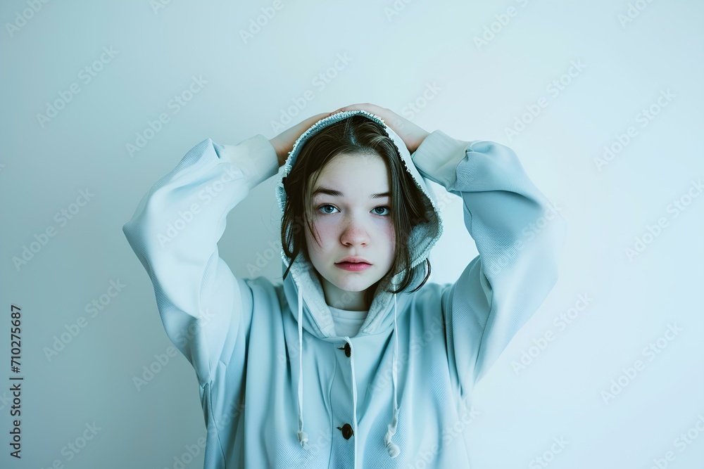 a young woman with a shy, slightly embarrassed look on her face is ...
