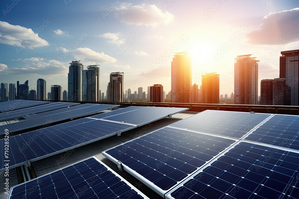New era solar panels installed on a skyscraper against the backdrop of ...
