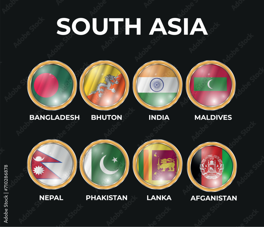 set of 3D illustrations of south asian states flags in circle shape ...