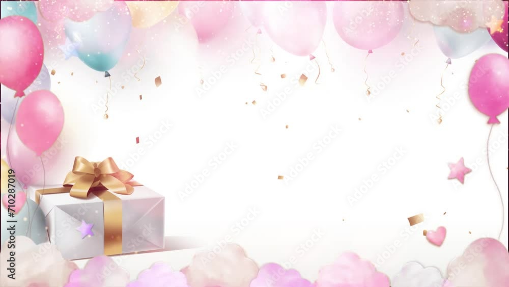 Birthday banner template. white background with pink balloons, gift ...