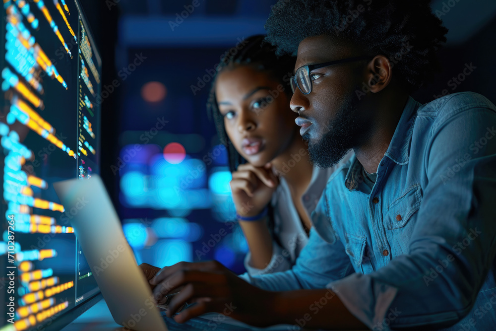 Diverse developers using laptop, discussing lines of dode that appear on big screens Stock Photo ...