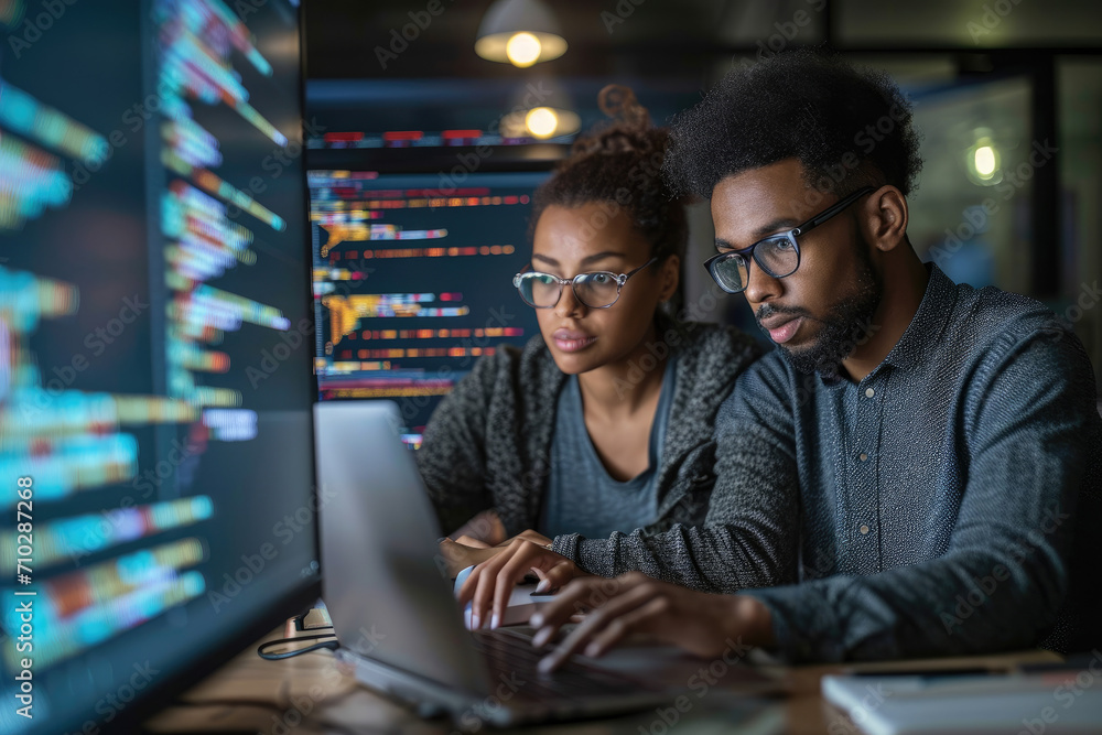 Diverse developers using laptop, discussing lines of dode that appear on big screens Stock Photo ...