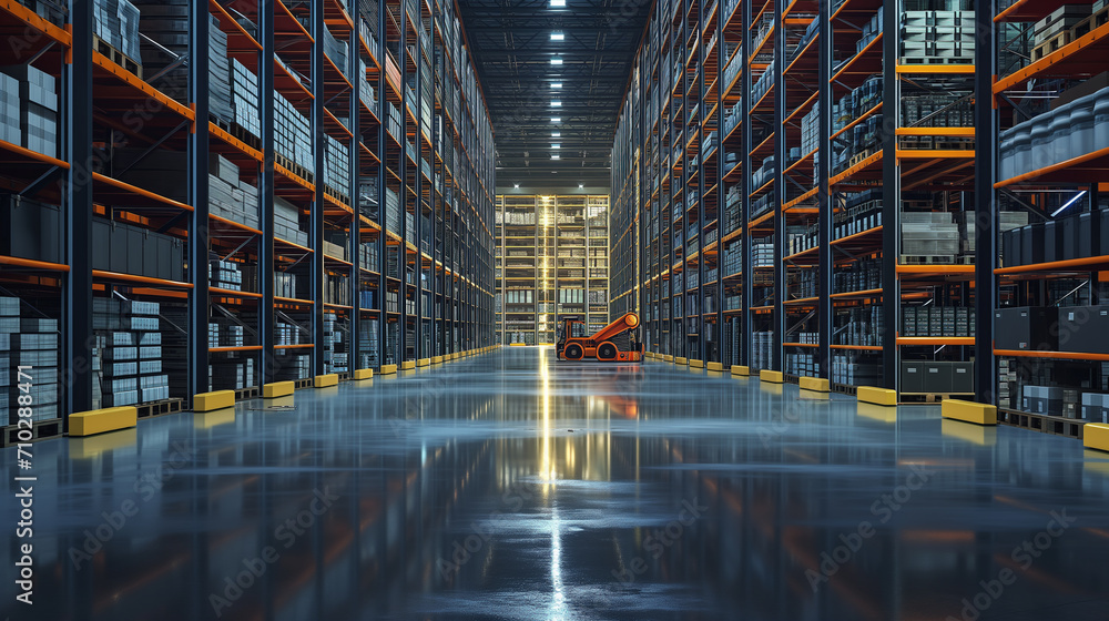 High Ceiling Warehouse Interior with Reflective Floor: Forklift Between ...