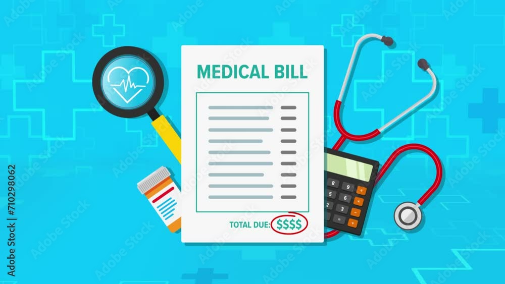 Medical bill invoice Animation with stethoscope, calculator, medication ...