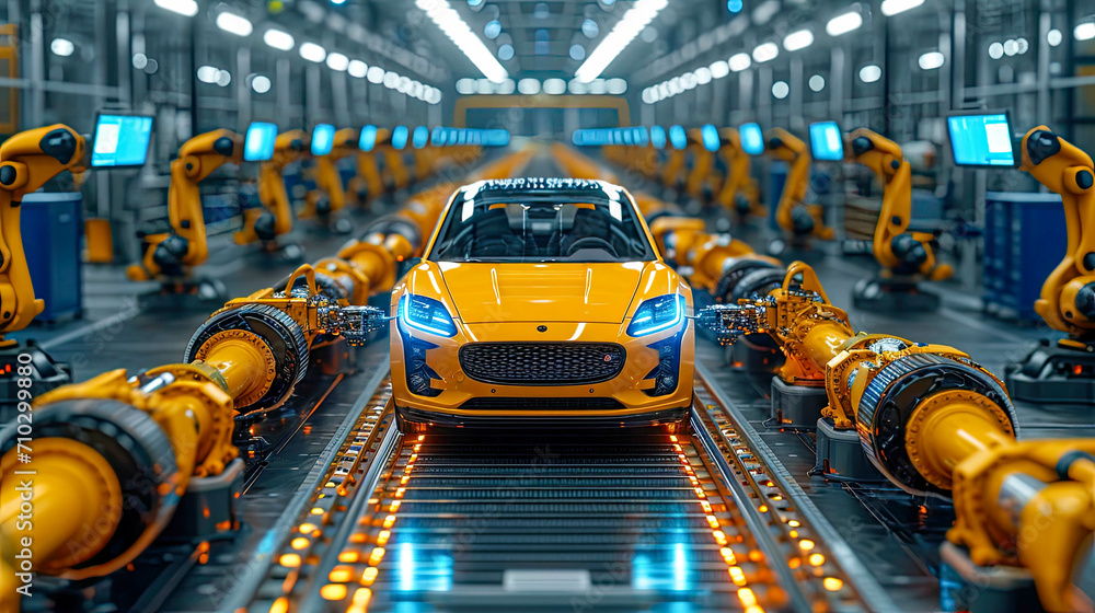 robot arm assembly line in factory. Concept of artificial intelligence ...