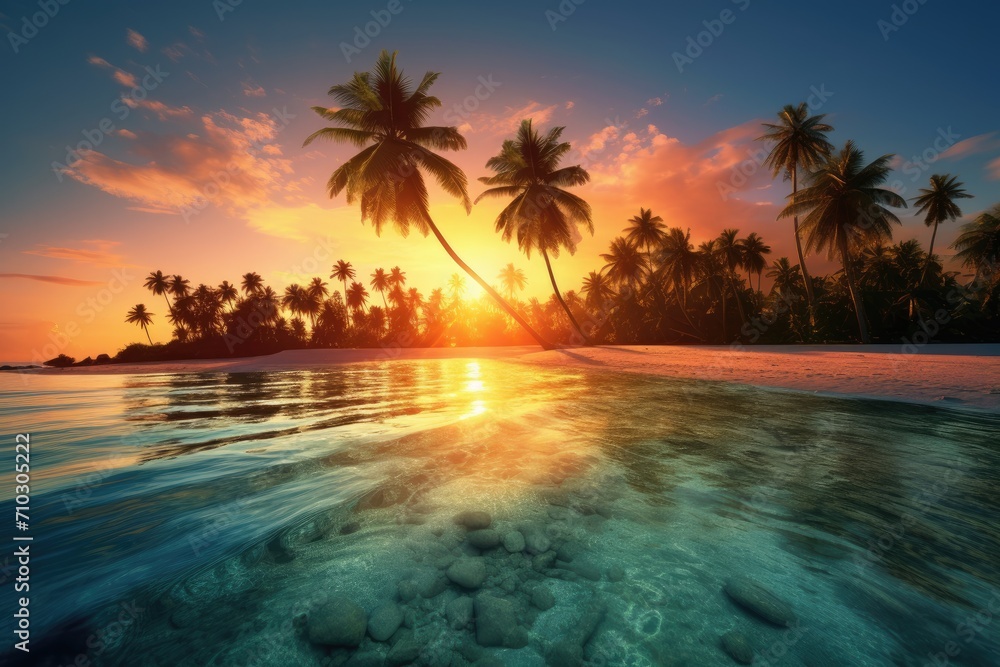 Tropical Beach With Palm Trees at Sunset, Idyllic Scenery in a Picture ...