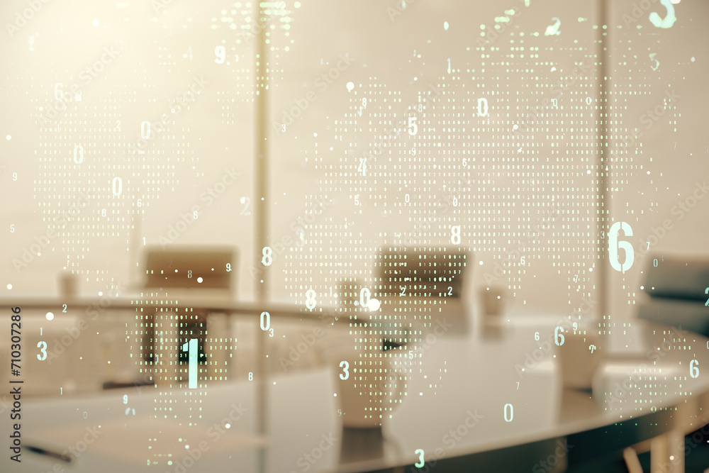 Double exposure of abstract programming language hologram and world map ...