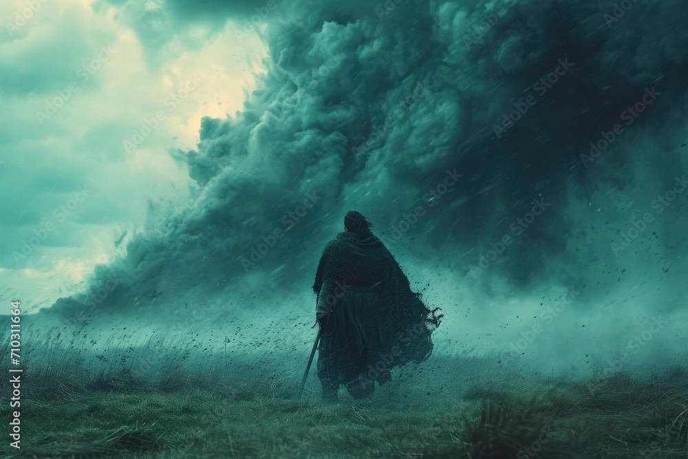 Cinematic scene of a lone warrior standing defiantly against a massive ...