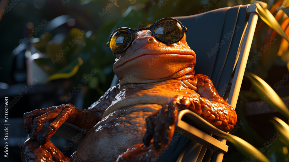 Relaxed cute frog with sunglasses lounging on a chair amidst foliage ...