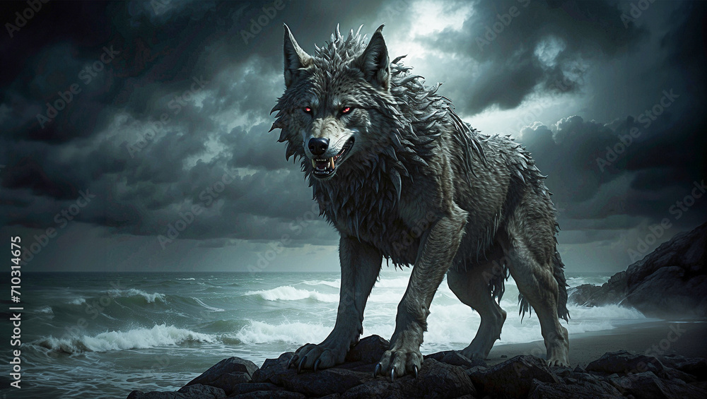 Mythical Fenrir, the wolf of legend, prowls with primal intensity along ...