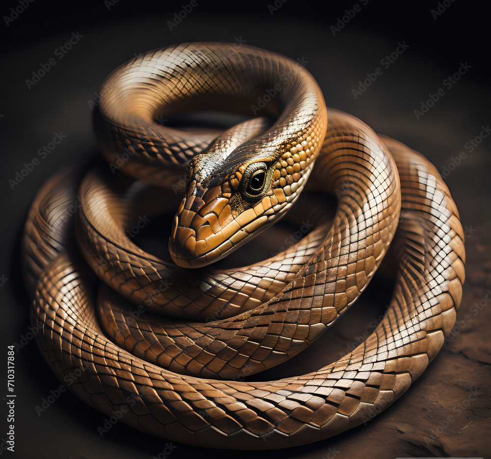 Black snake with white ring in the dark, mangrove snake, Agressive snake face close up. A python ...