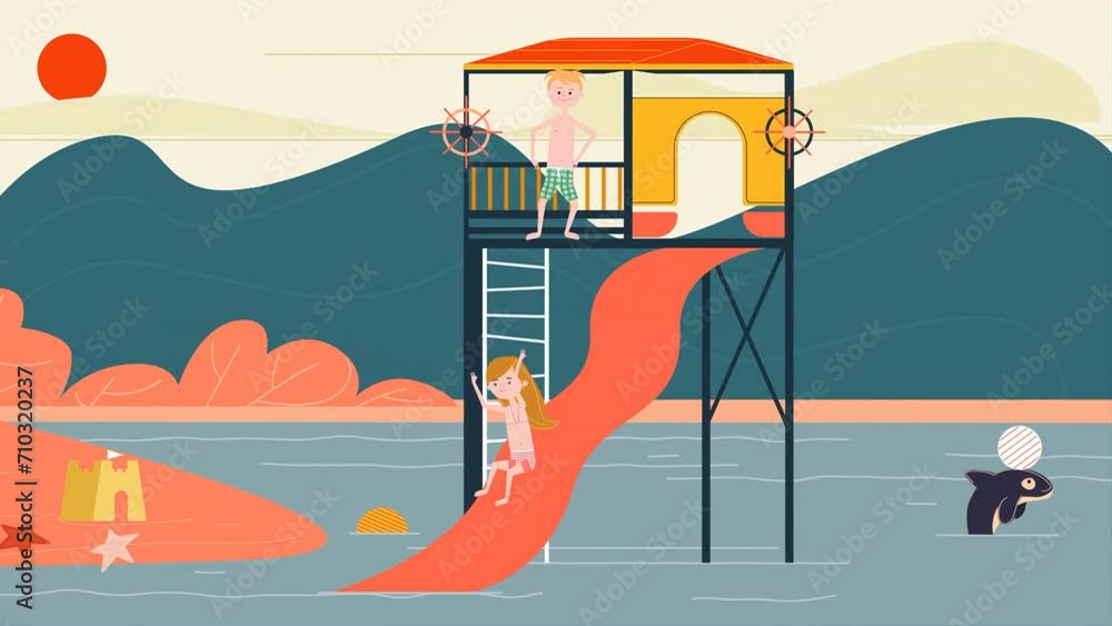 2d Animation of Boys And Girls Children Playing Water Slides, Scuba ...