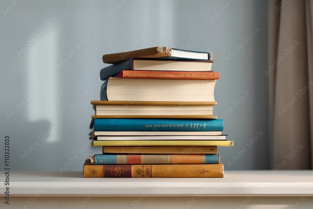 A book pile close up on a study desk. Front view pile book. Stack of ...