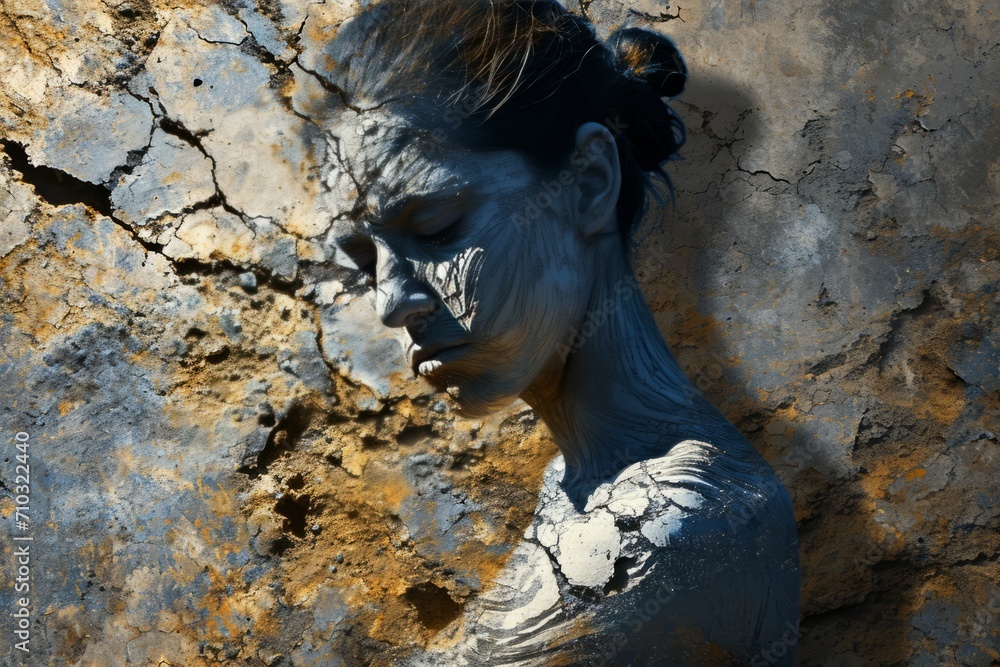 A woman with white paint on her face, subject made of cracked clay ...