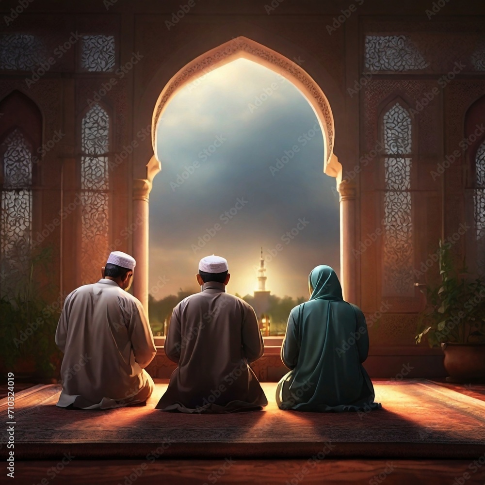 Muslim Family Praying Together Overlooking Mosque. Spiritual moment of ...