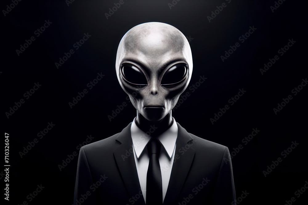 alien face on his face, wearing a black suit with a white shirt and ...