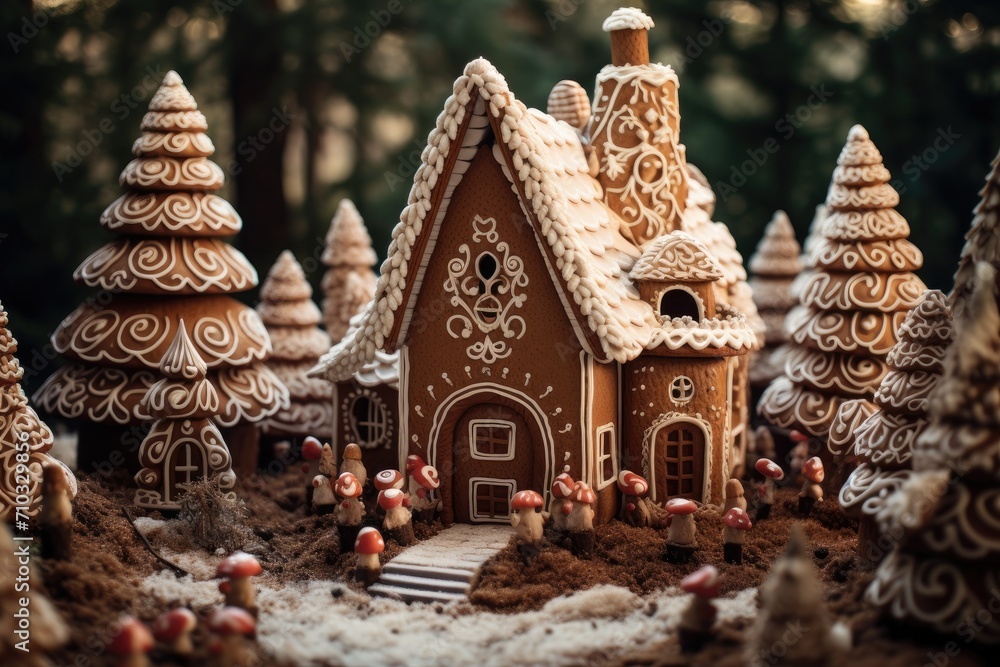 A stunning close up photograph showcasing a gingerbread house nestled amidst a picturesque scene ...