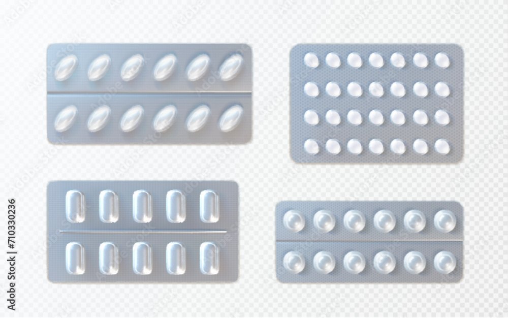 Pills and capsules in foil blister pack mockup. Realistic vector ...