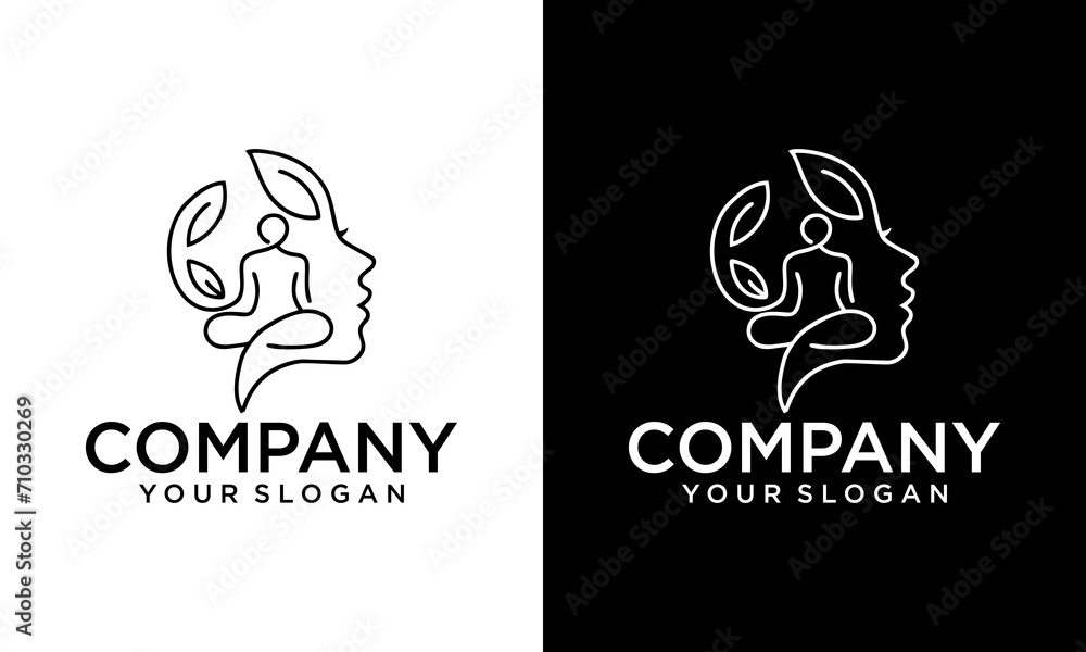 Creative A smart line dual meaning logo featuring a head, leaf and yoga ...