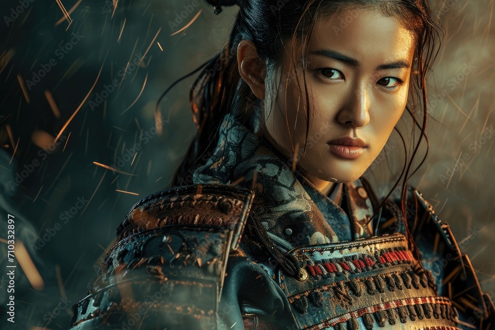 Studio portrait of a female samurai with a reflective gaze, traditional ...