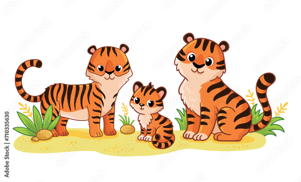 Cute family of tigers stands on a green meadow on a white background ...