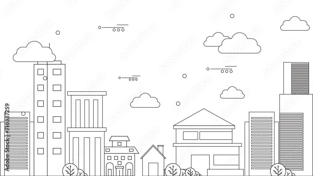 Black and white vector outline landmarks skyline with buildings city ...