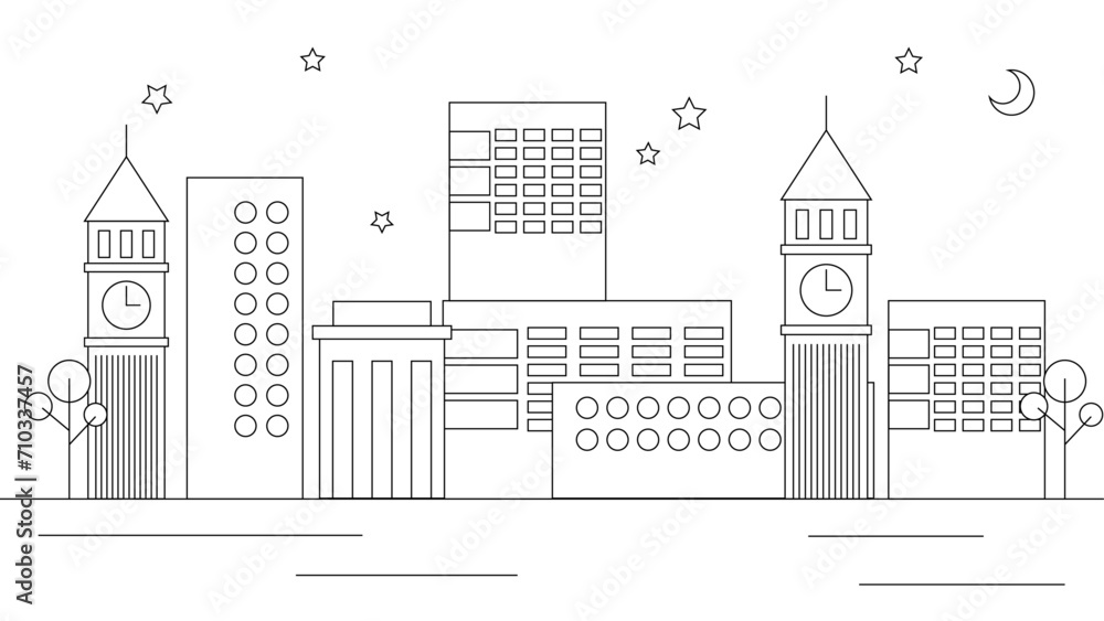 Black and white vector outline cityscape on white background, modern ...