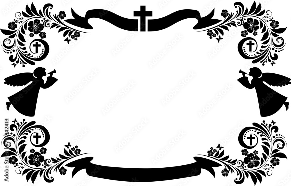 Angels and flowers. Black frame, border,banner. For Easter, Spring ...