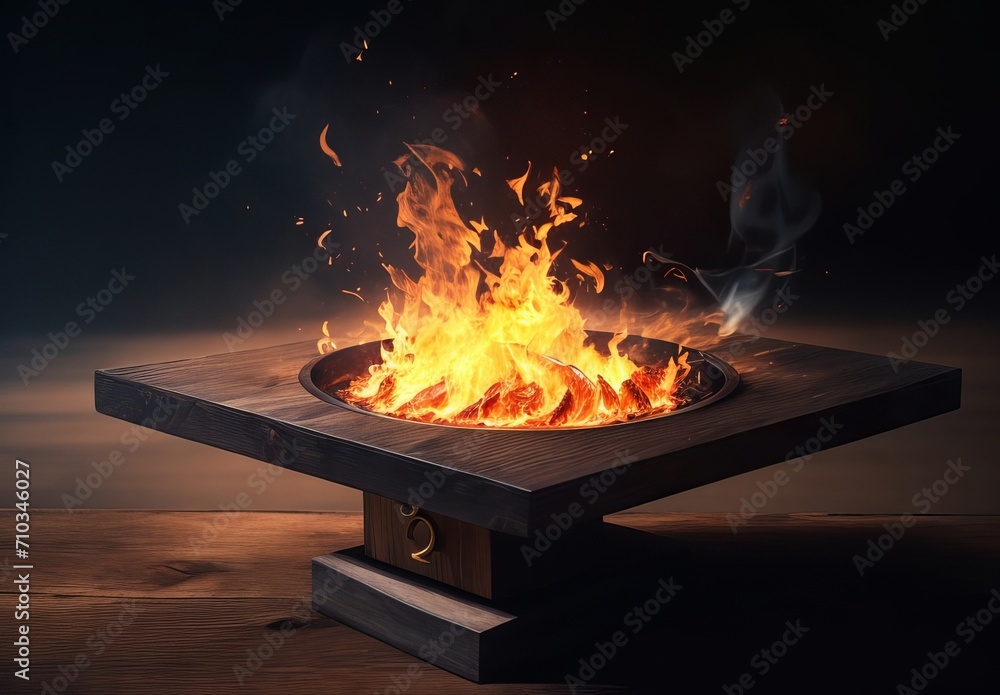 wooden table with Fire burning at the edge of the table, fire particles ...