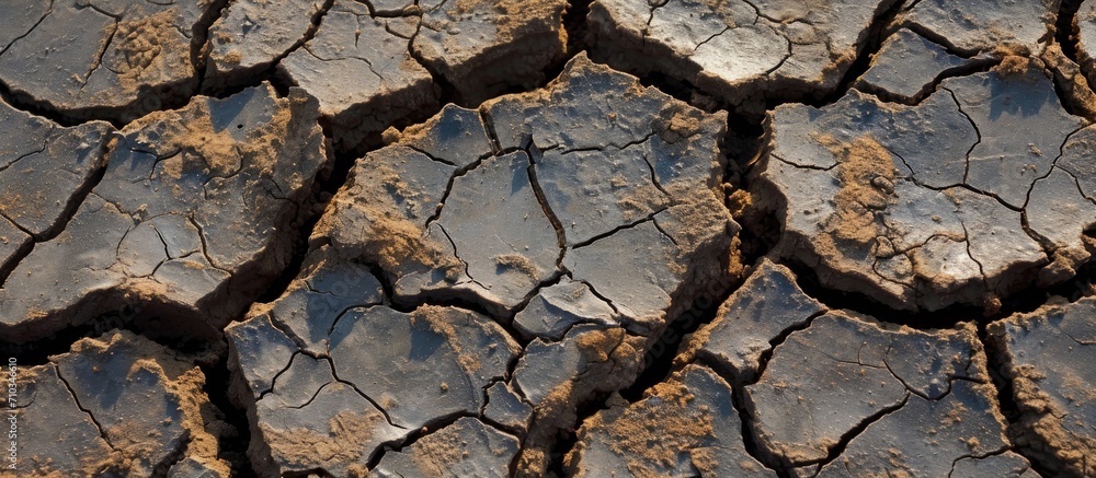 Crude oil spills on soil cause pollution. Dry, cracked ground texture ...
