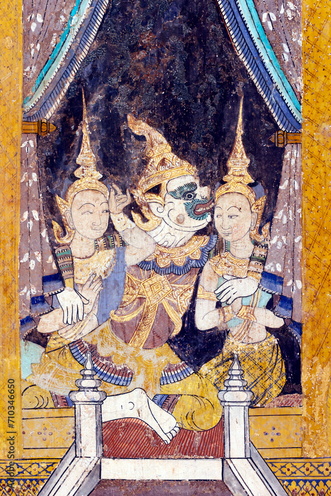 Royal palace complex. Murals of scenes from the Khmer (Reamker) version ...