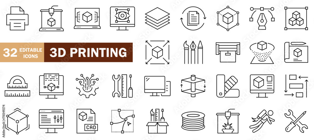 3d Printing icons set. modeling icons, Line art style icons bundle ...