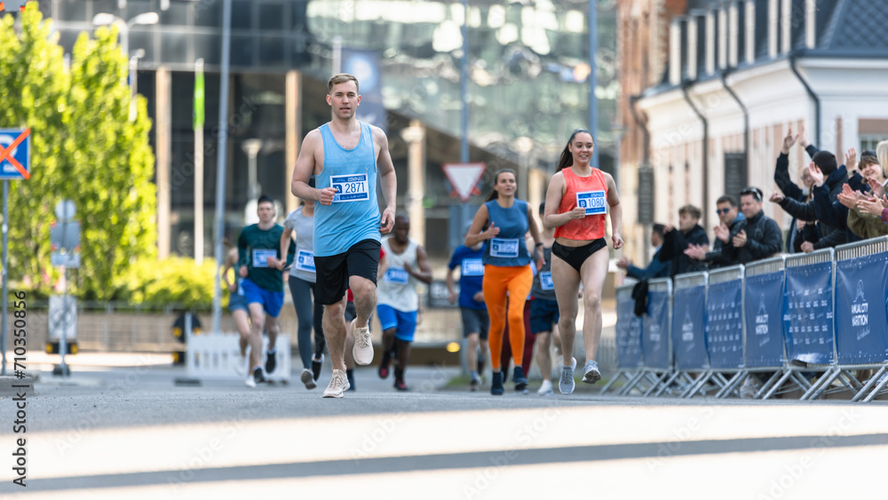 Smiling Group of People Participating in a City Marathon. Diverse Race ...