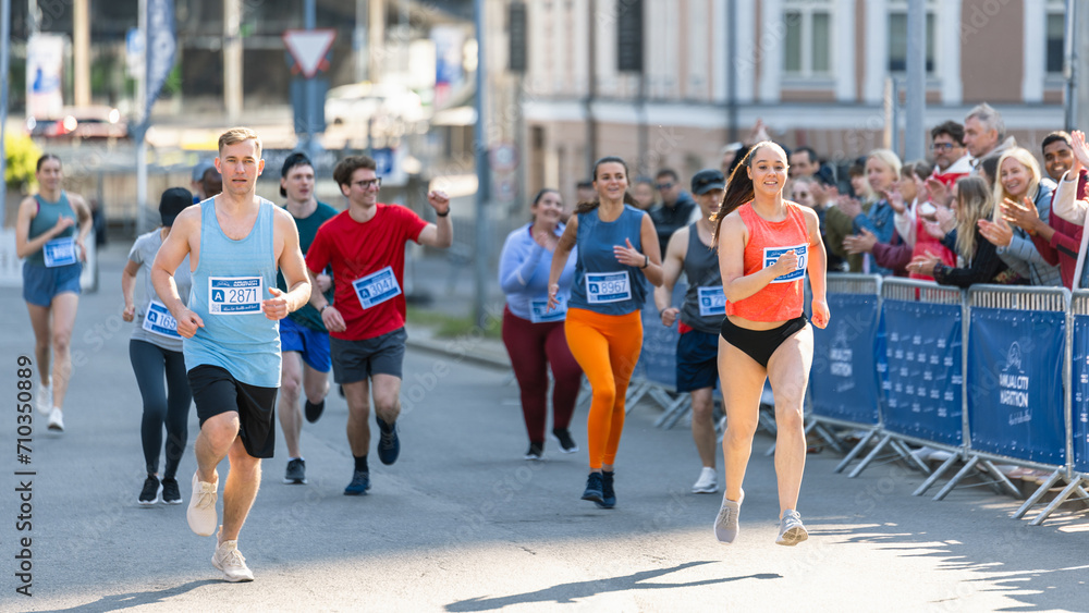 Smiling Group of People Participating in a City Marathon. Diverse Race ...
