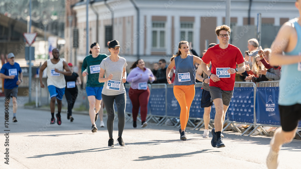 Smiling Group of People Participating in a City Marathon. Diverse Race ...