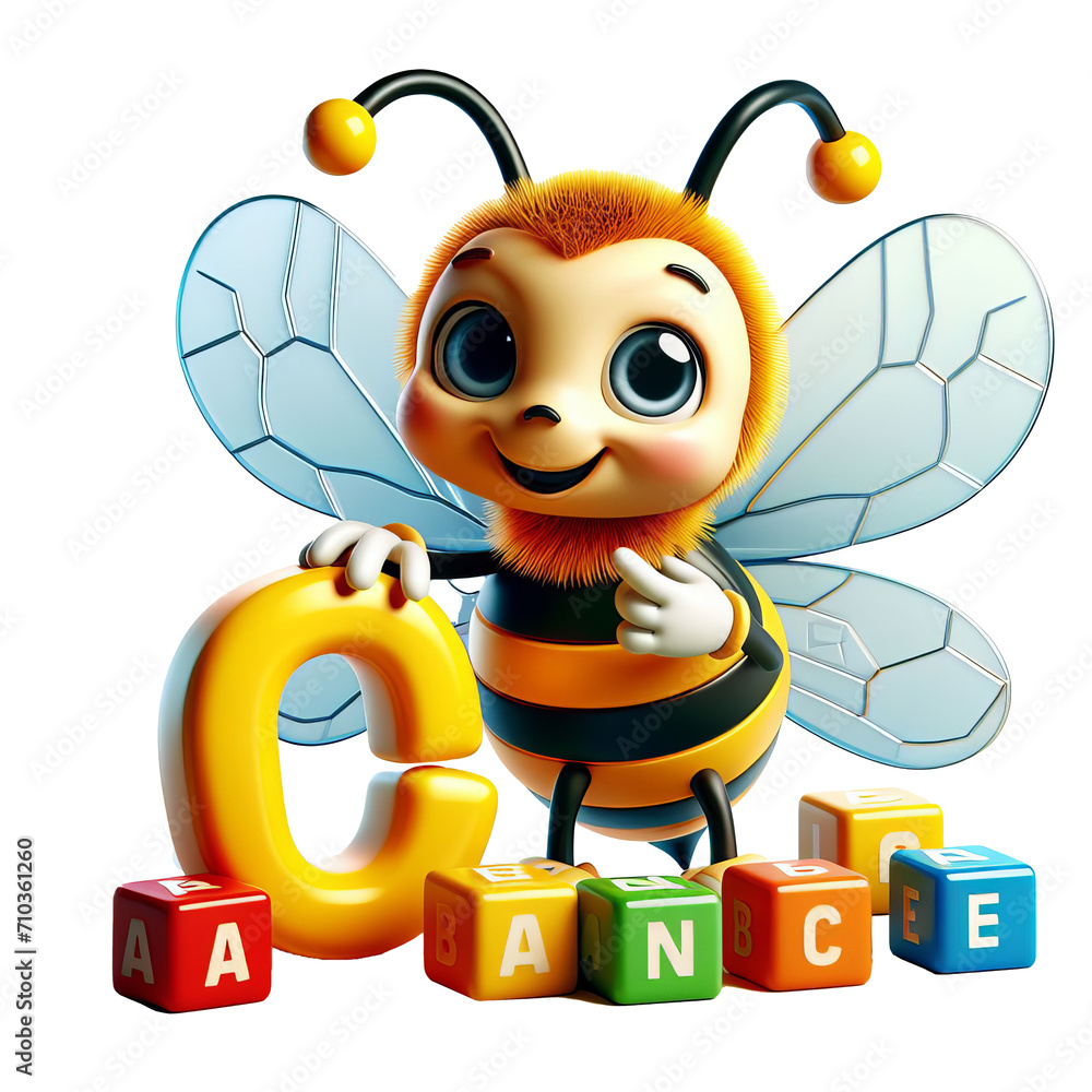 3d cartoon bee smiling with alphabet letters next to it, isolated on ...