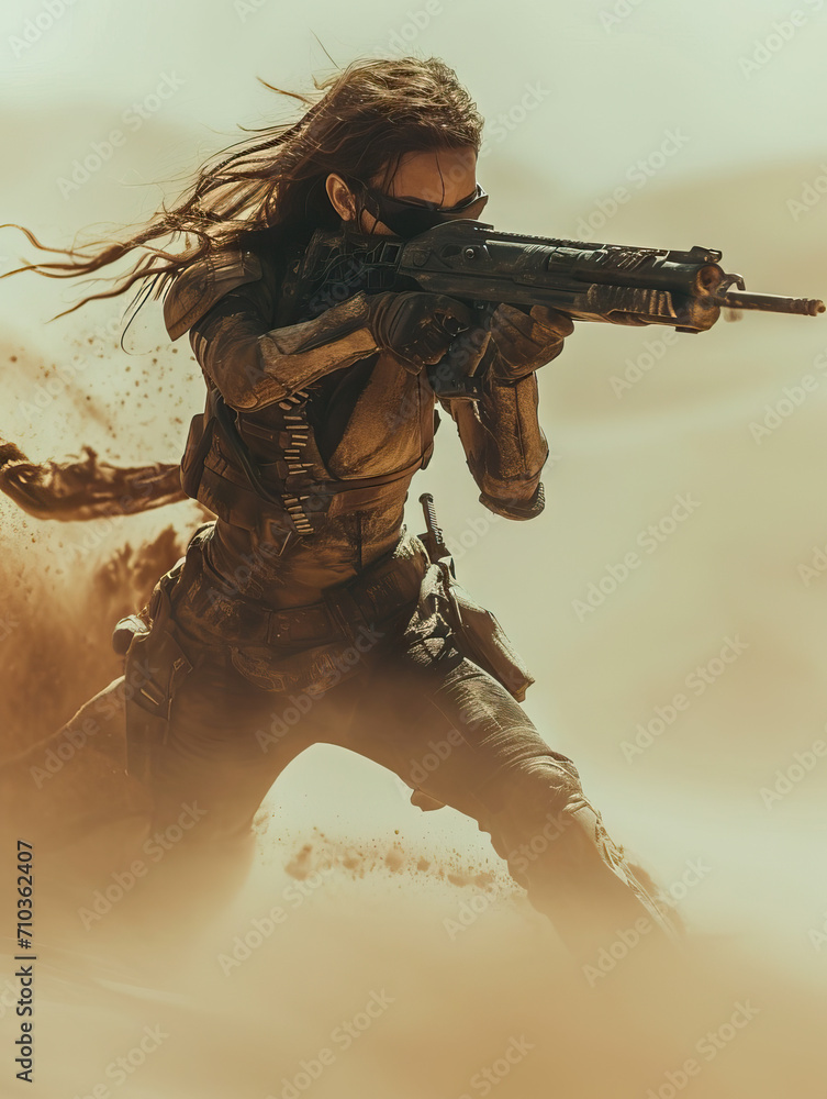 Futuristic female soldier bravely fighting in a sandstorm, a dynamic ...