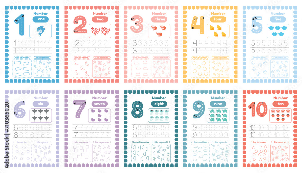 Learning numbers flashcards for preschool kids from 1 to 10. Set of ...