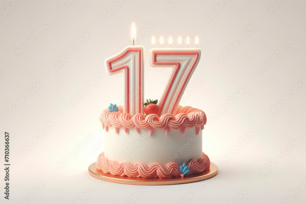 Birthday cake with number 17 on top isolated on solid white background ...