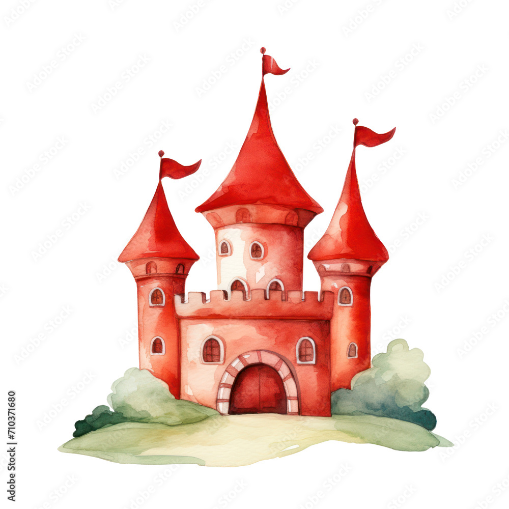 Watercolor illustration of red castle isolated on background ...