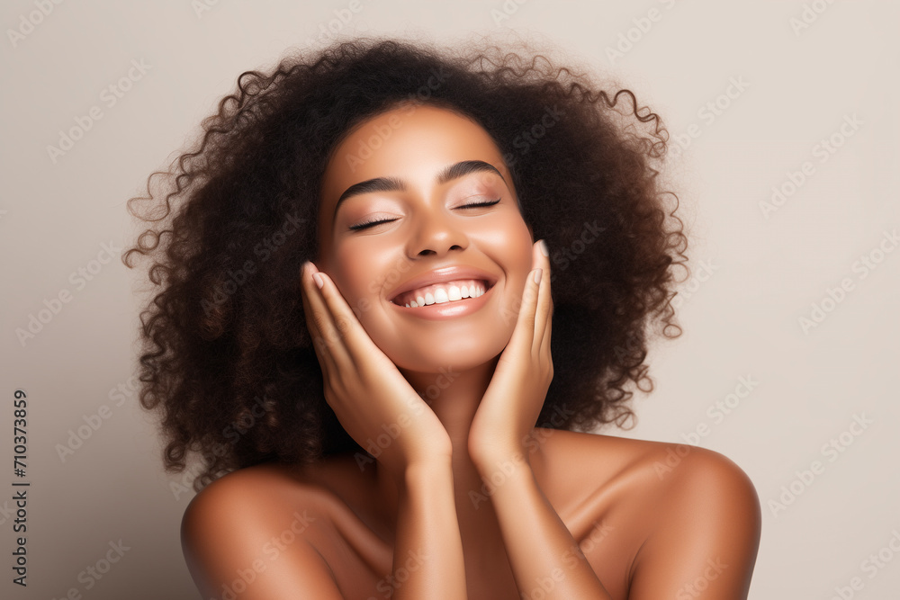 Portrait of young beautiful black African American woman smiling and ...