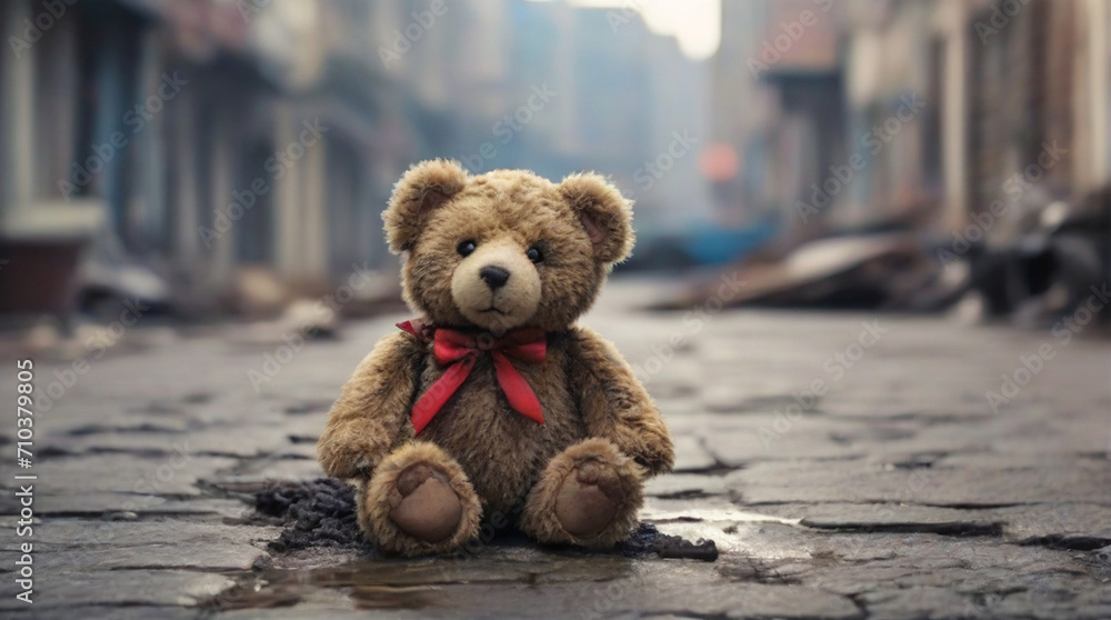 Sad abandoned little teddy bear sitting on the ground in the destroyed ...
